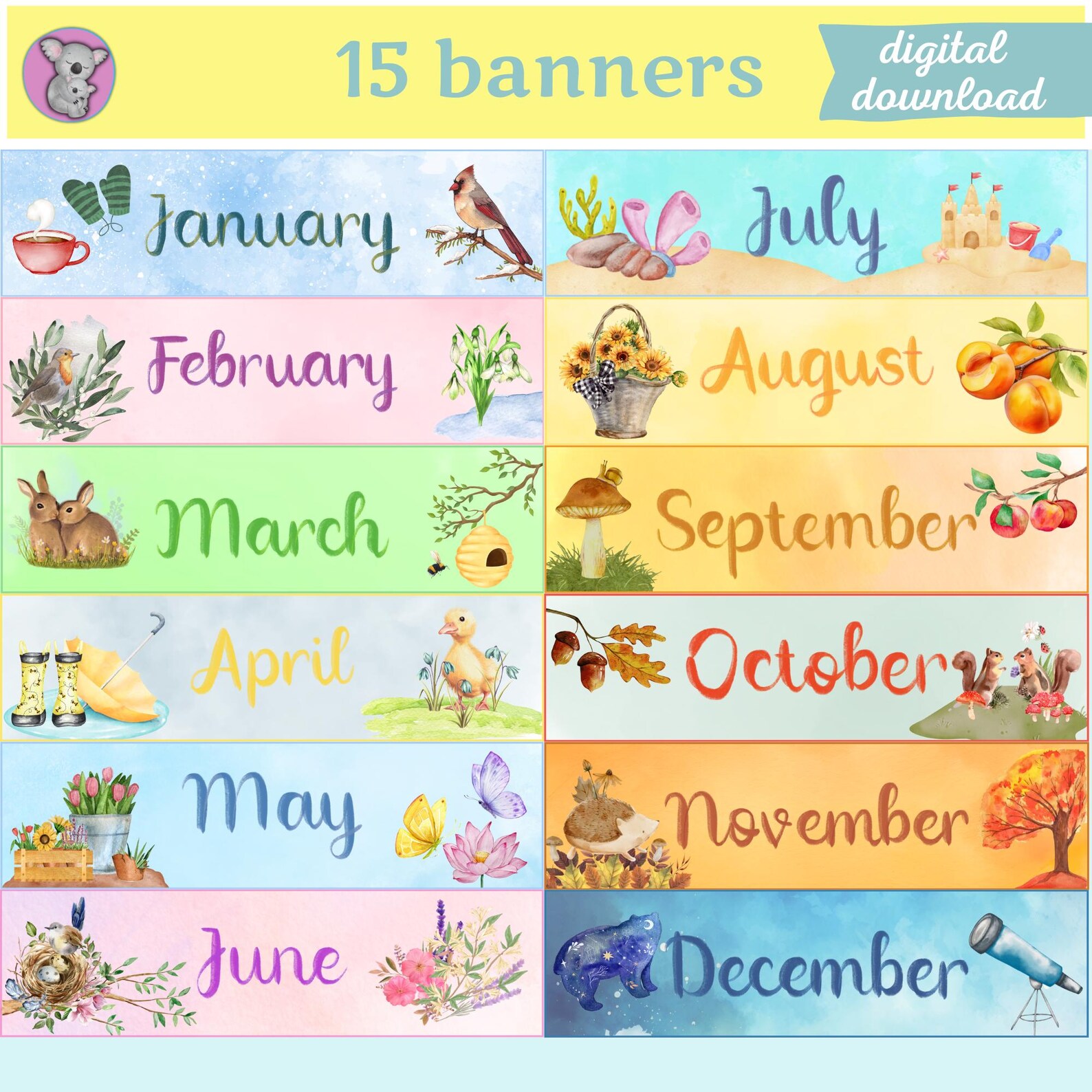 Watercolor Months of the Year Cards, Banners, Seasonal Educational ...