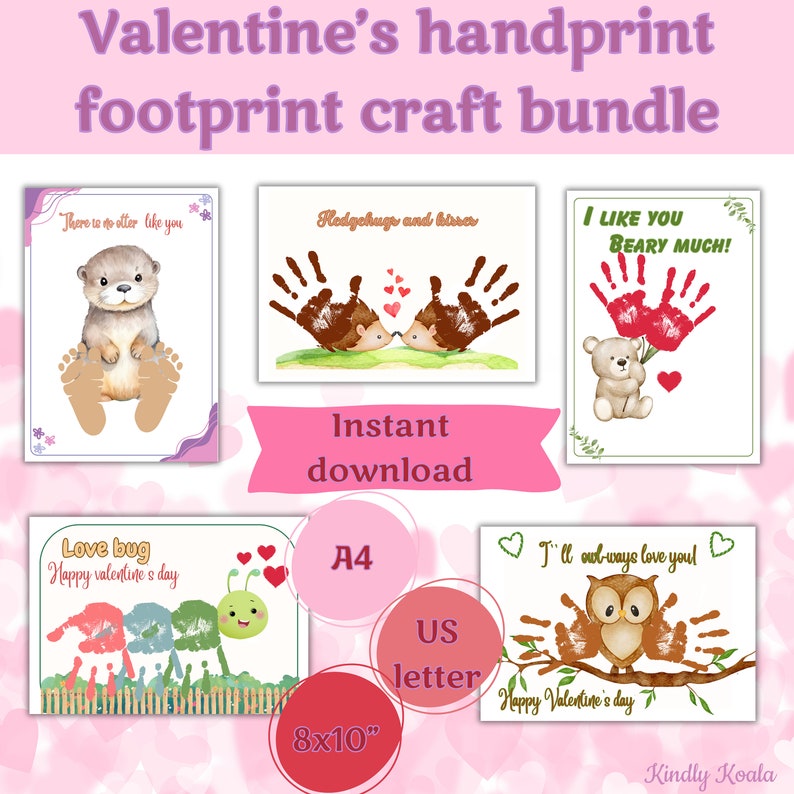 Valentines Handprint Art Cards Template Bundle, DIY Printable Craft ...