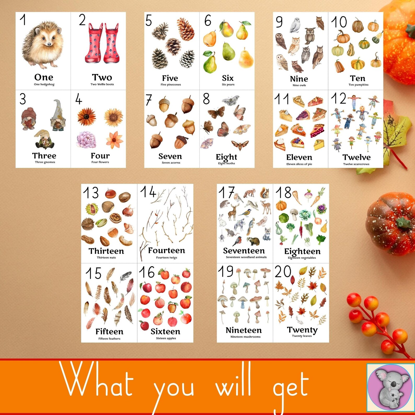 Autumn Math Printable, Fall Nature Number Cards, Thanksgiving Preschool ...