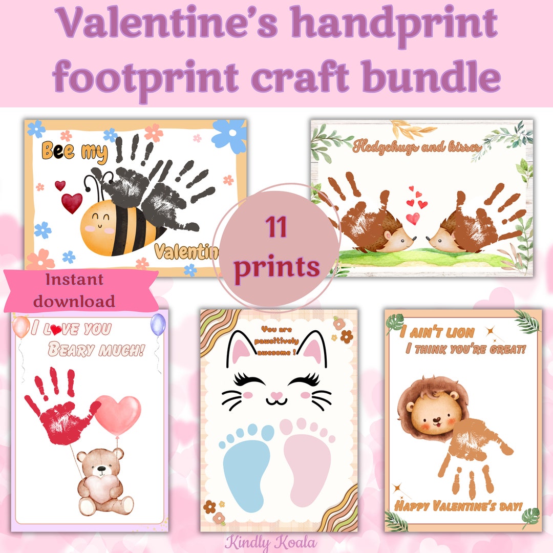 Valentine's Day Handprint Cards Templates Bundle, Footprint Art Craft ...