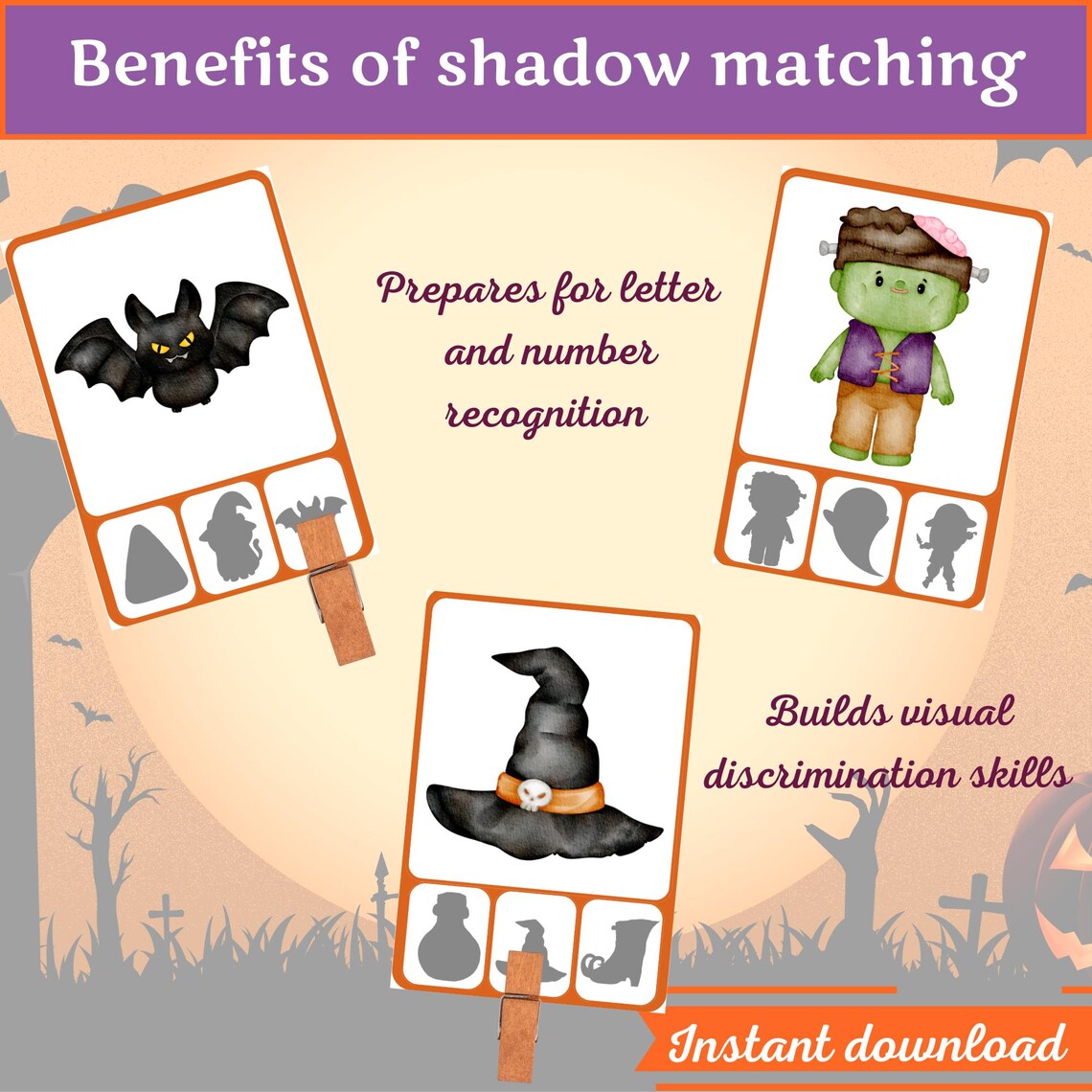 24 Halloween Shadow Matching Clip Cards, Halloween Matching Game ...