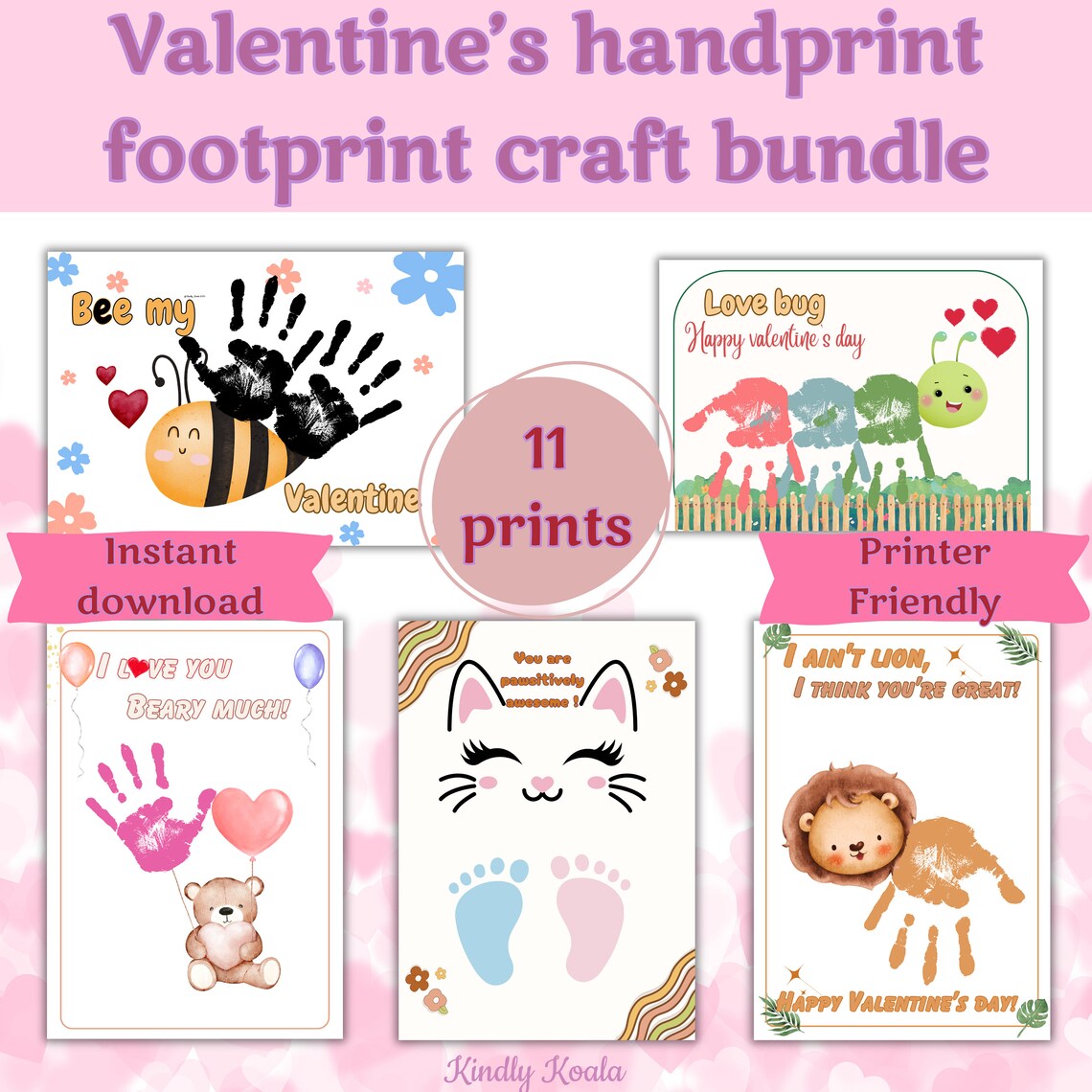 Valentines Handprint Art Cards Template Bundle, DIY Printable Craft ...