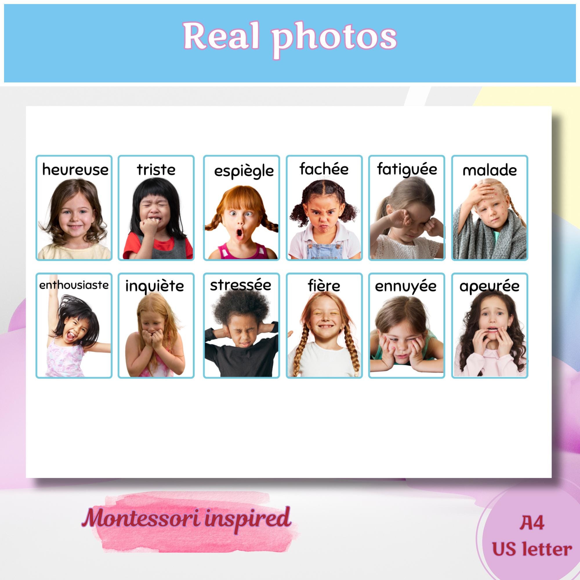 French Emotions & Feelings Chart, Real Pictures/photos. Perfect for ...