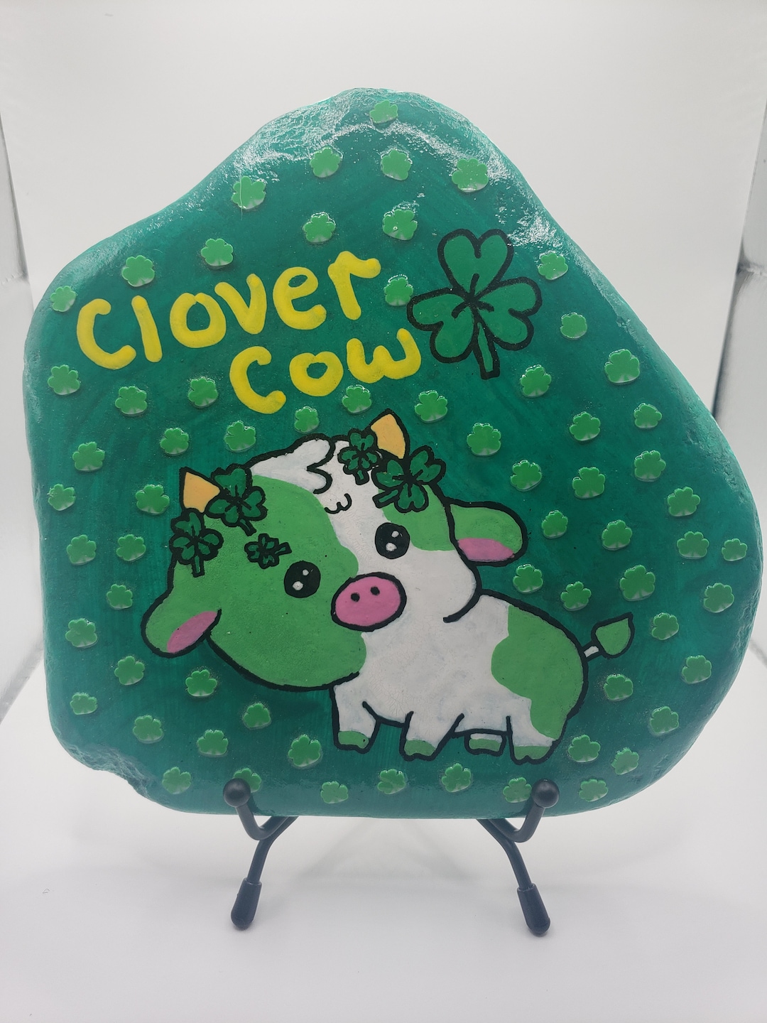 Green Clover Cow Rock Painting - Etsy