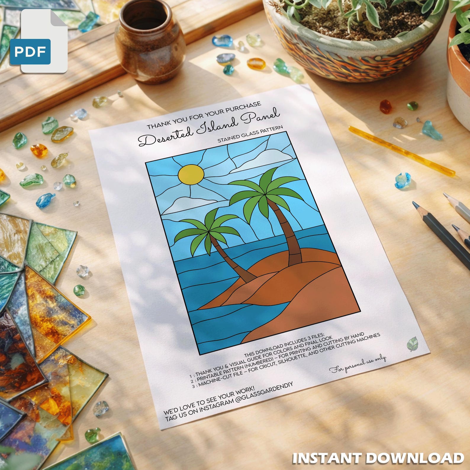 Tropical Beach Stained Glass Pattern – Palm Trees, Ocean Sunset (PDF ...