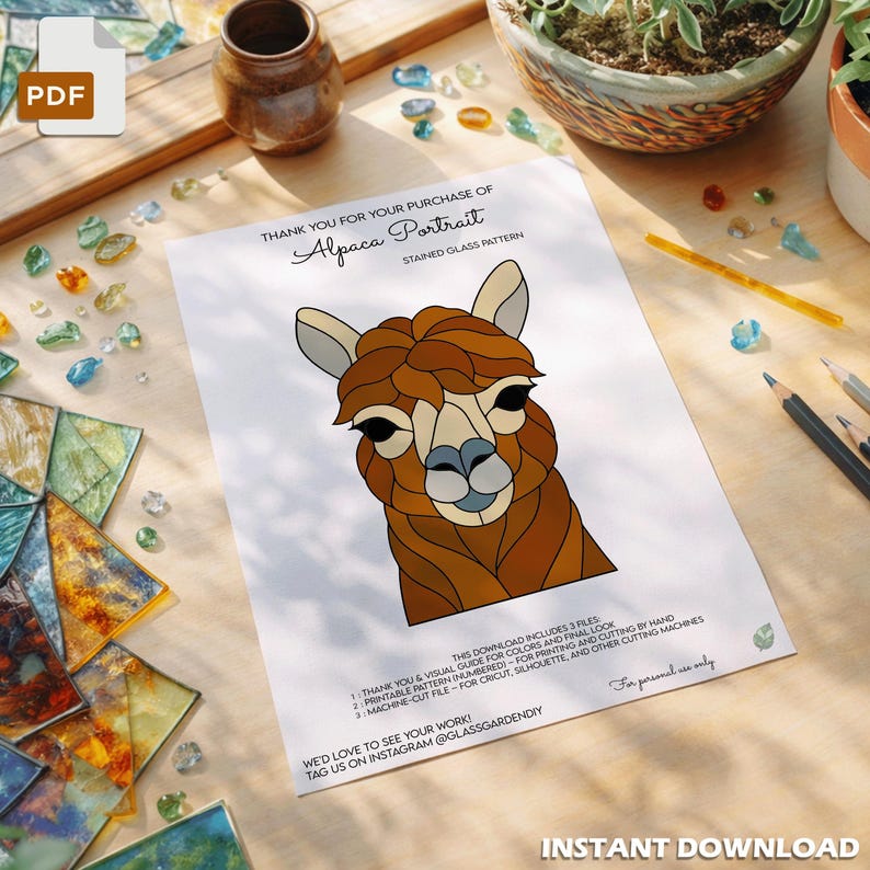 Alpaca Stained Glass Pattern – Close-up Animal Face PDF Template for ...