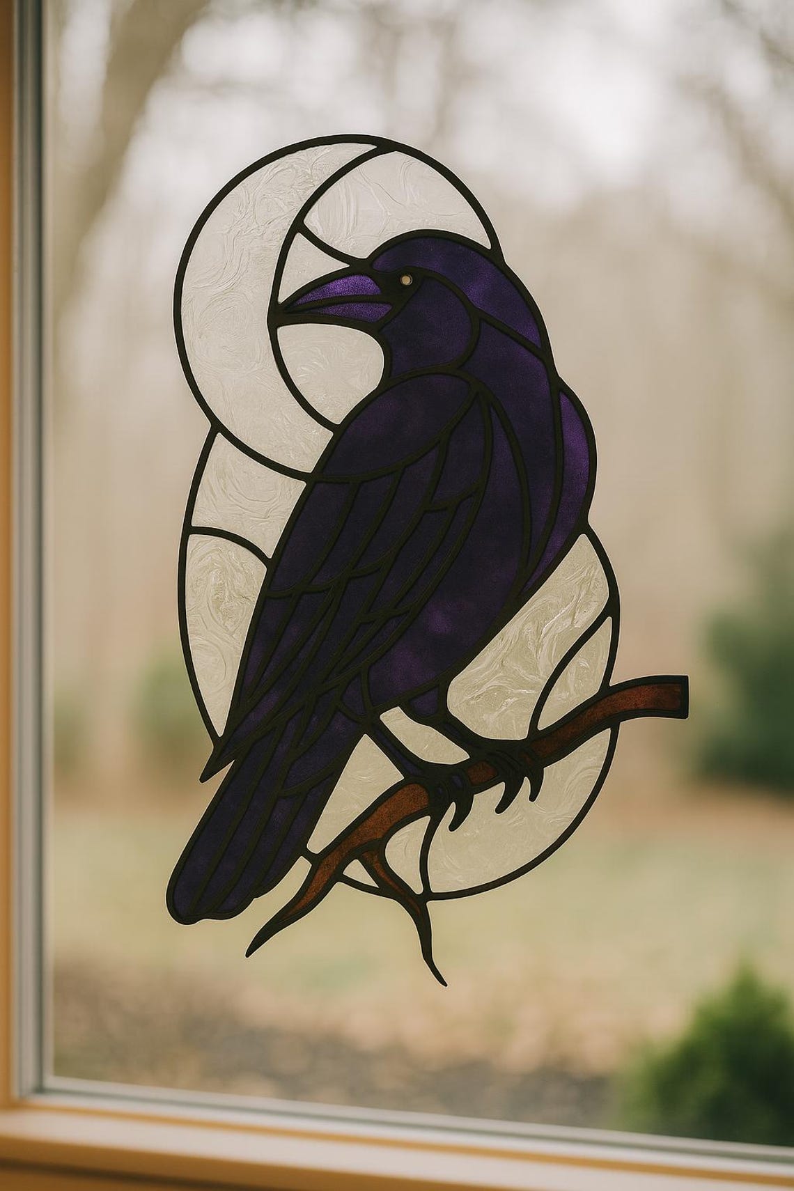 Moonlit Raven Stained Glass Pattern – Mysterious Bird on Branch (PDF ...