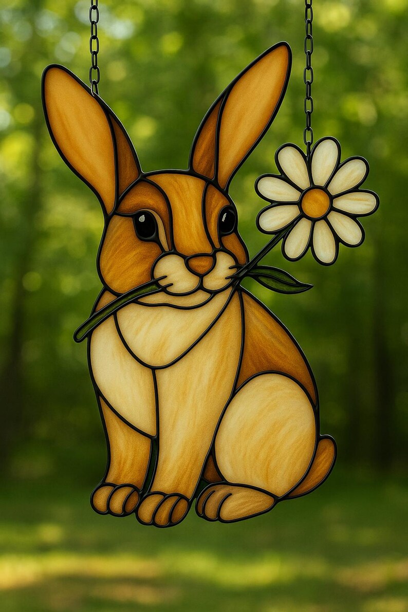 Rabbit Stained Glass Pattern – Bunny With Daisy, DIY Spring Decor (PDF ...