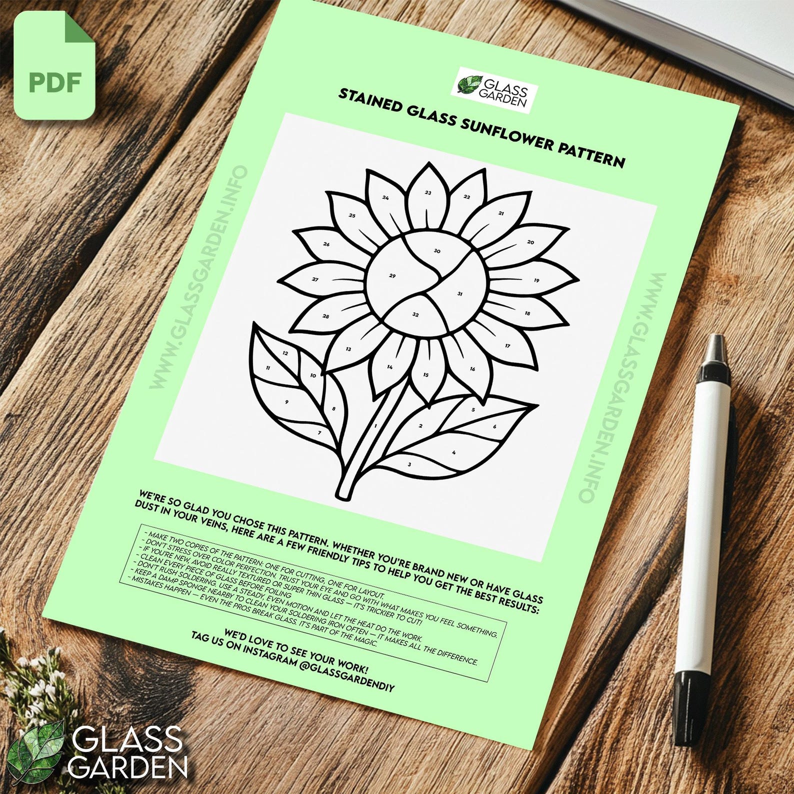 Sunflower Stained Glass Pattern PDF – Tall Summer Floral Suncatcher ...