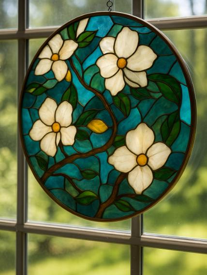 White Flower Stained Glass Pattern – Elegant Round Floral Panel PDF for ...
