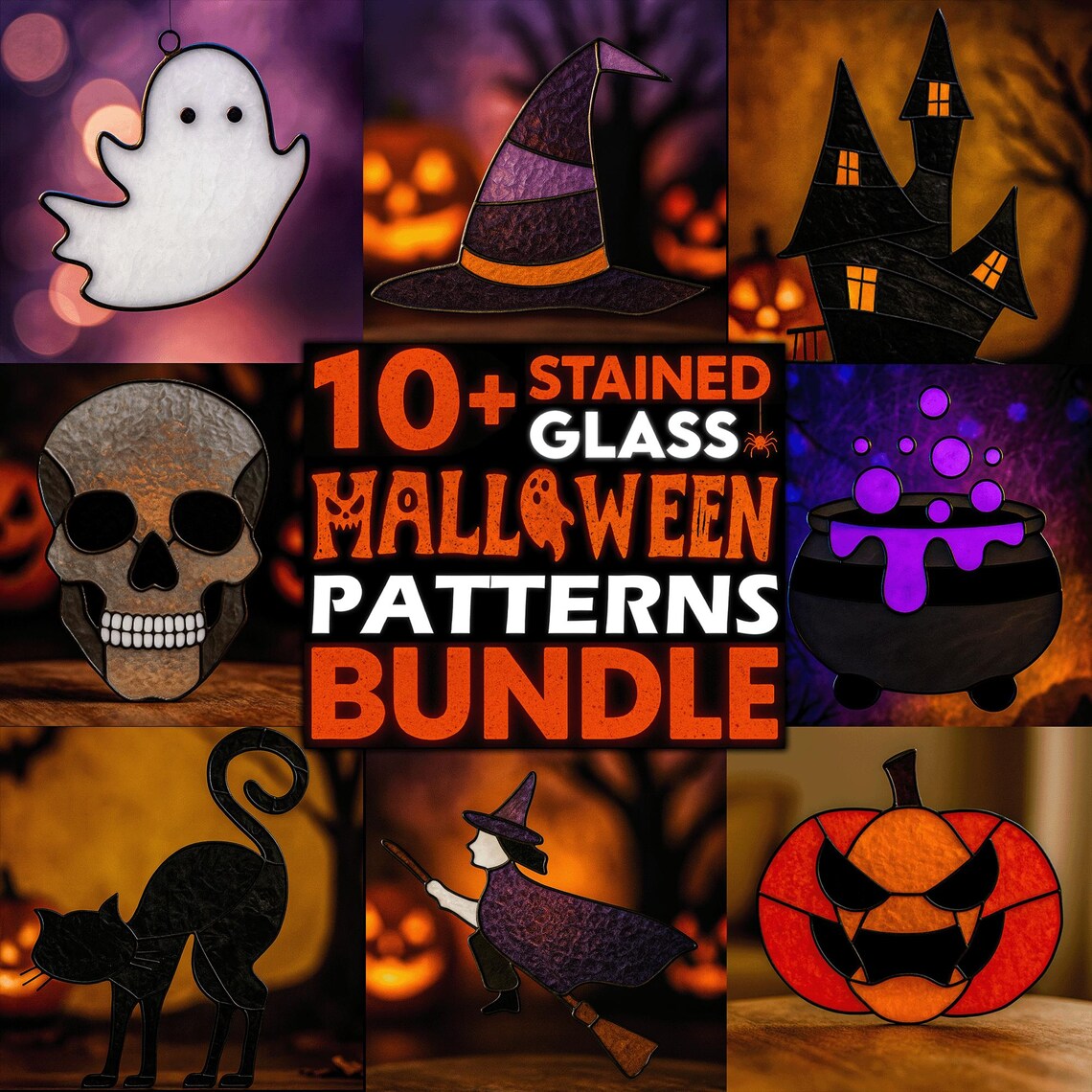 10+ Stained Glass Halloween Patterns Bundle – Spooky Suncatcher PDF ...
