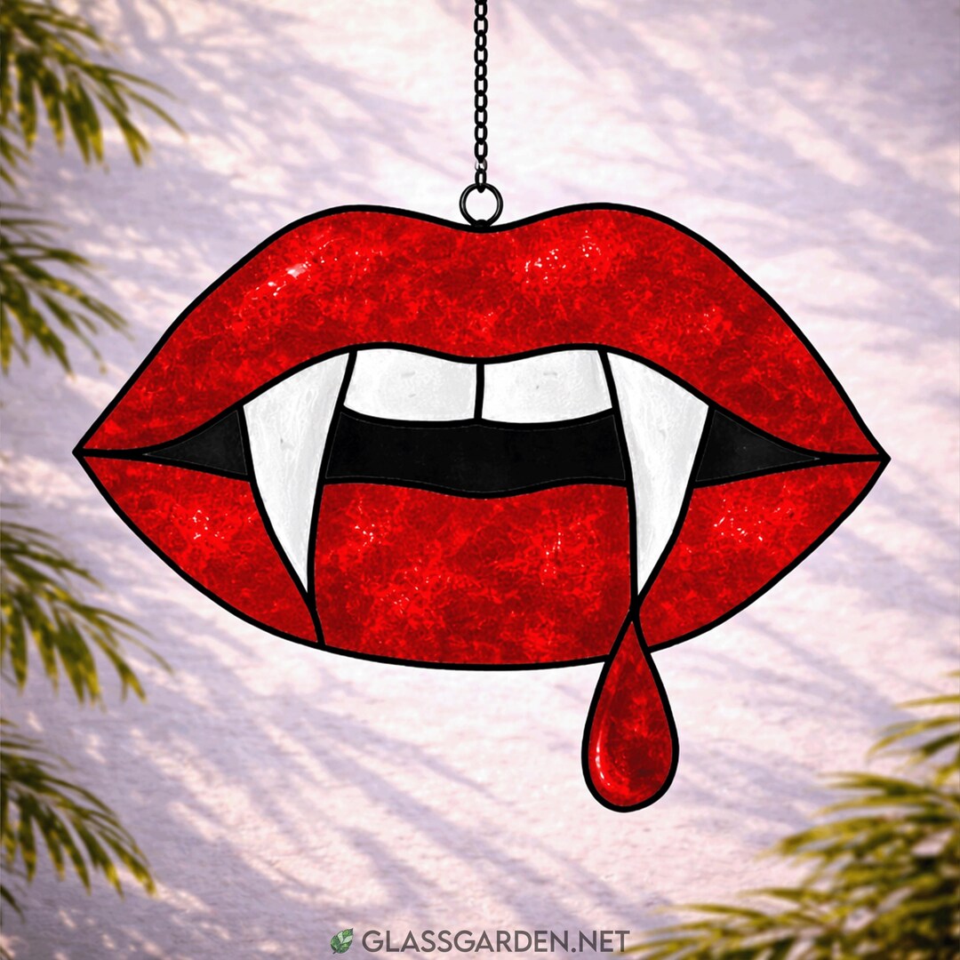 Vampire Lips Stained Glass Pattern – Gothic Fang Design With Blood Drop ...