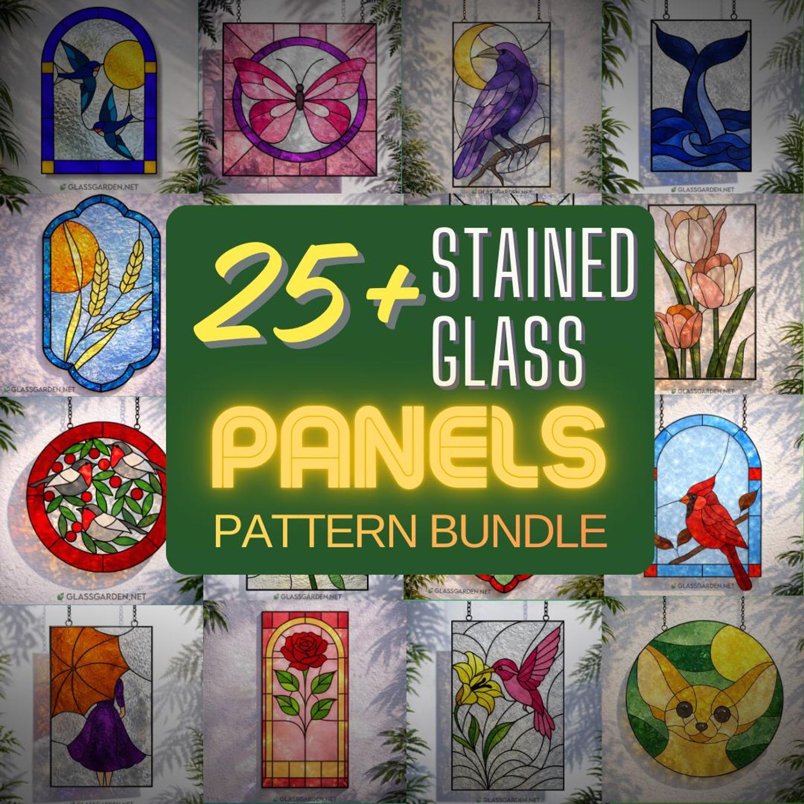 25+ Stained Glass Panel Patterns Bundle – Floral, Birds & Nature ...