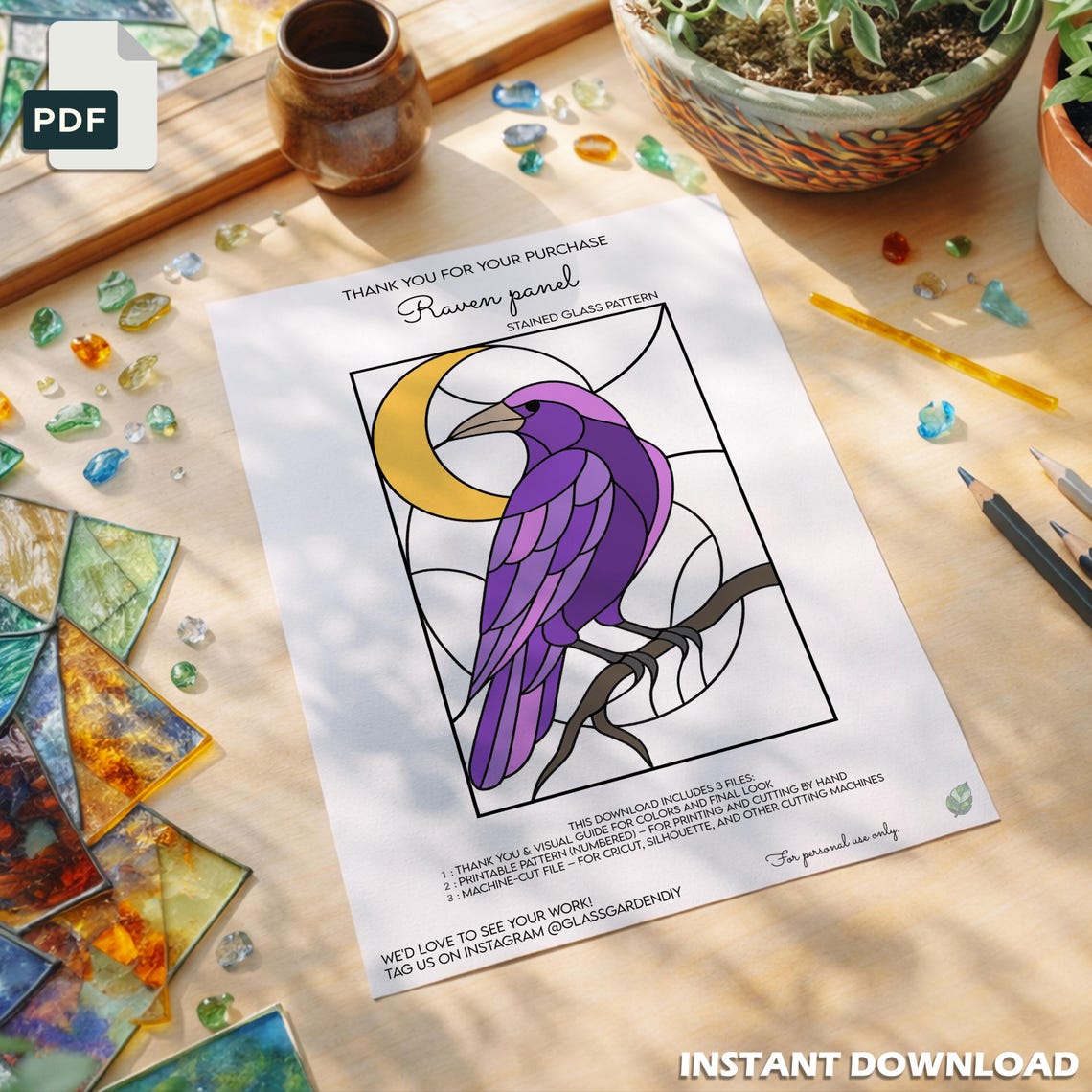 Moonlit Raven Stained Glass Pattern – Mysterious Bird on Branch (PDF ...