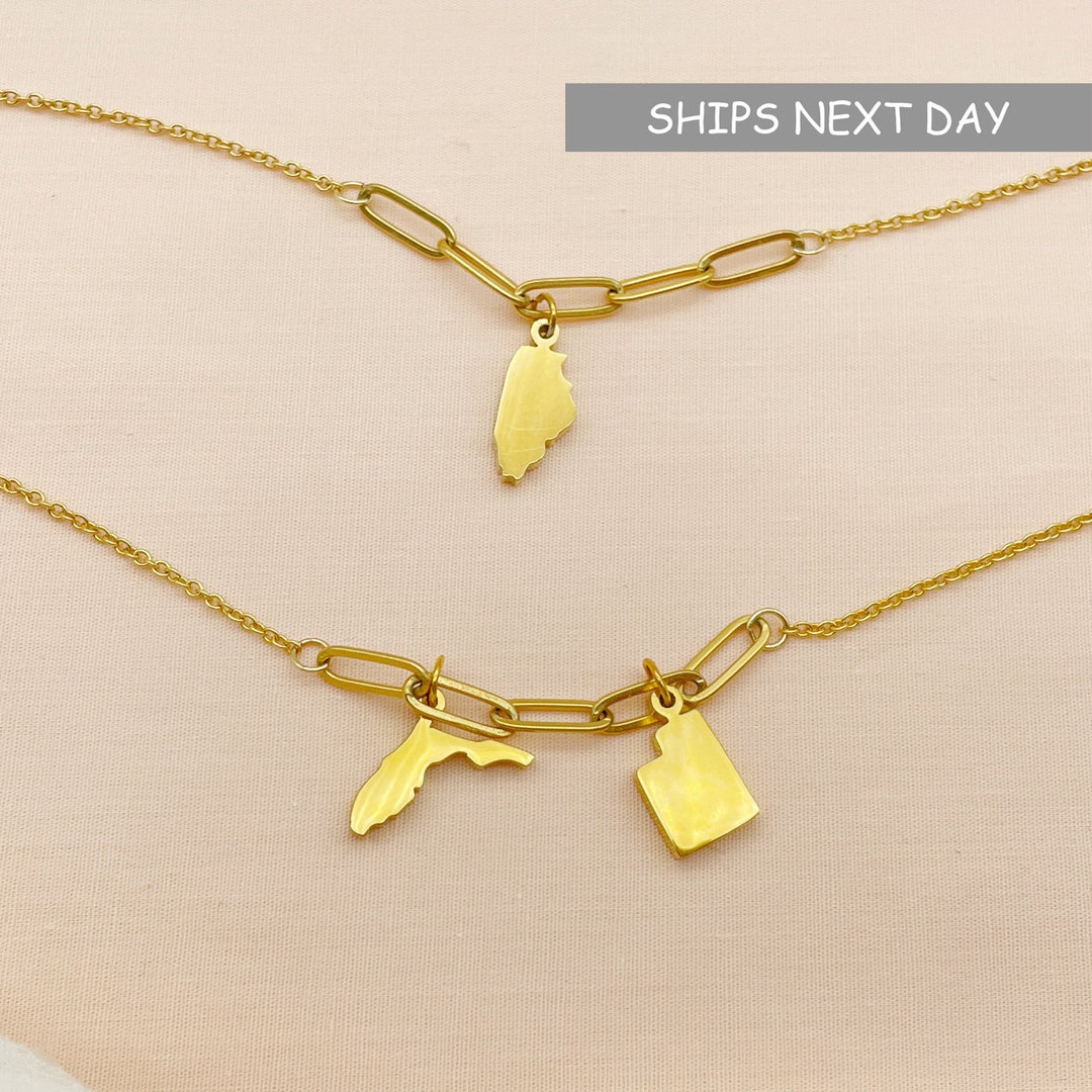 18k Gold State Map Necklace: Personalized Long Distance Gift - Etsy