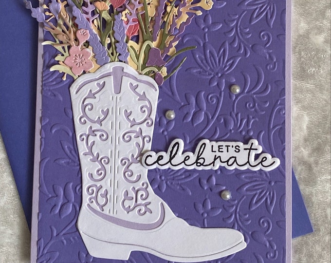 Birthday White Cowboy Boot Filled With Flowers on Purple, Embossed ...