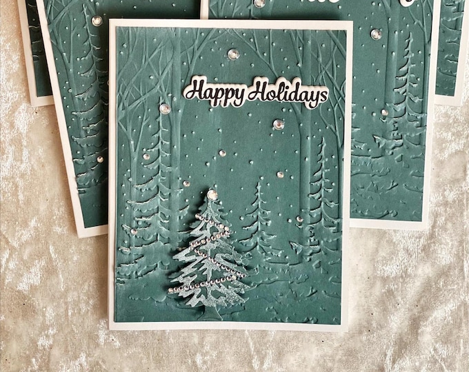 Pine Tree Christmas Cards, Embossed Holiday Notecards, Happy Holidays ...