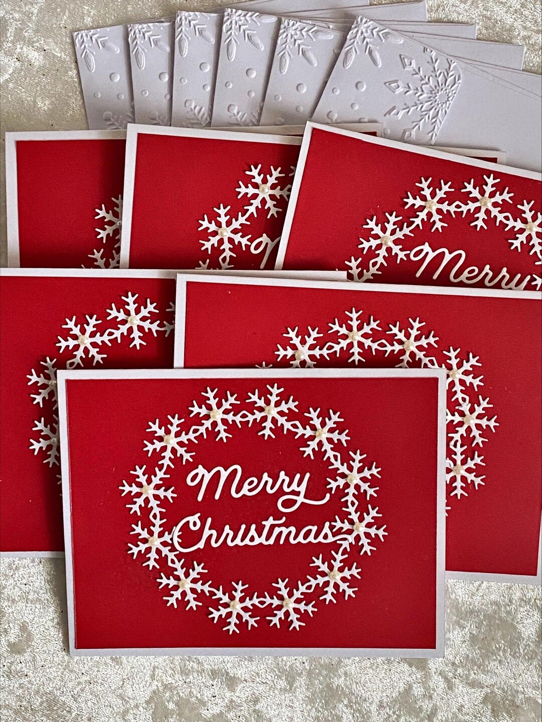 Handmade Christmas Cards in Red and White, Christmas Snowflake Wreath ...