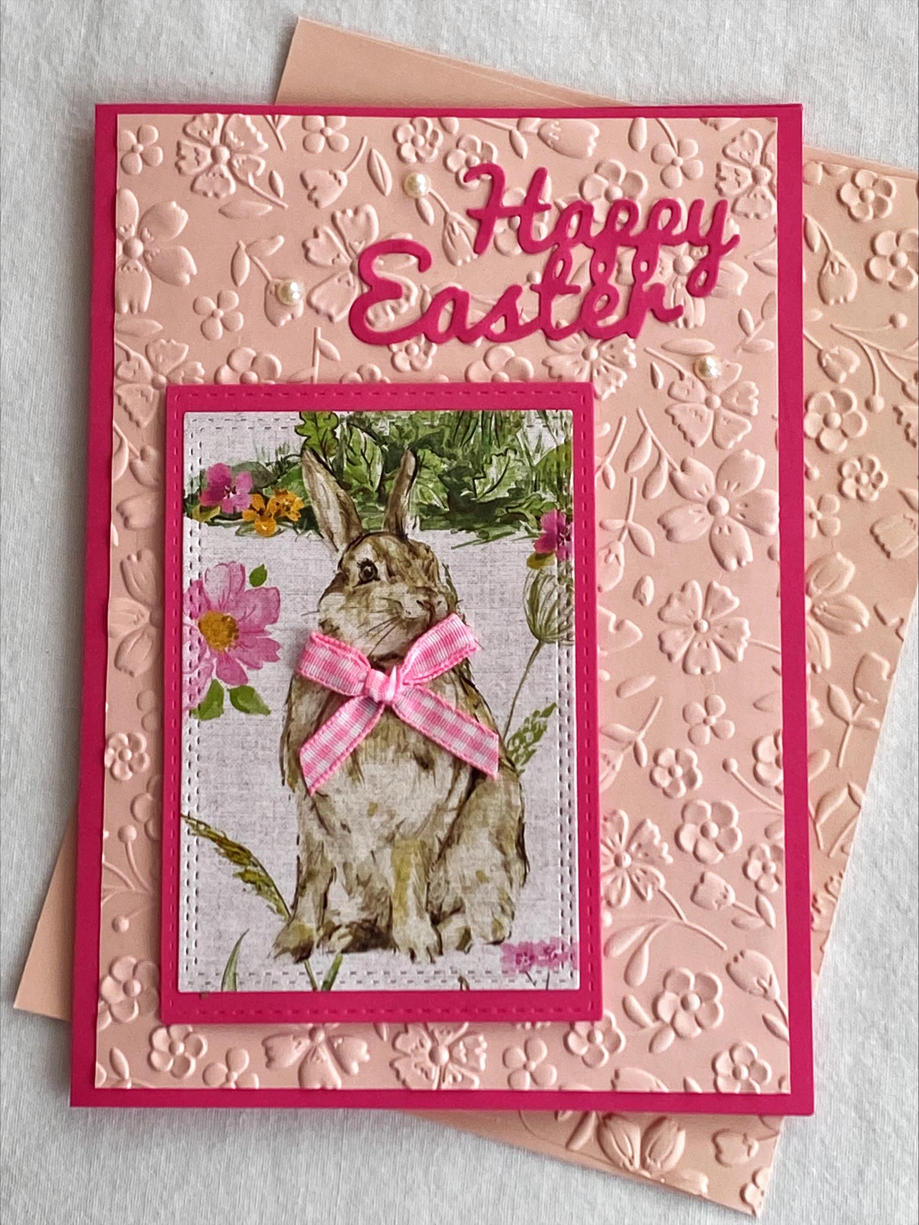 Embossed Easter Card, Happy Easter, Pink With a Rabbit and Gingham Bow ...
