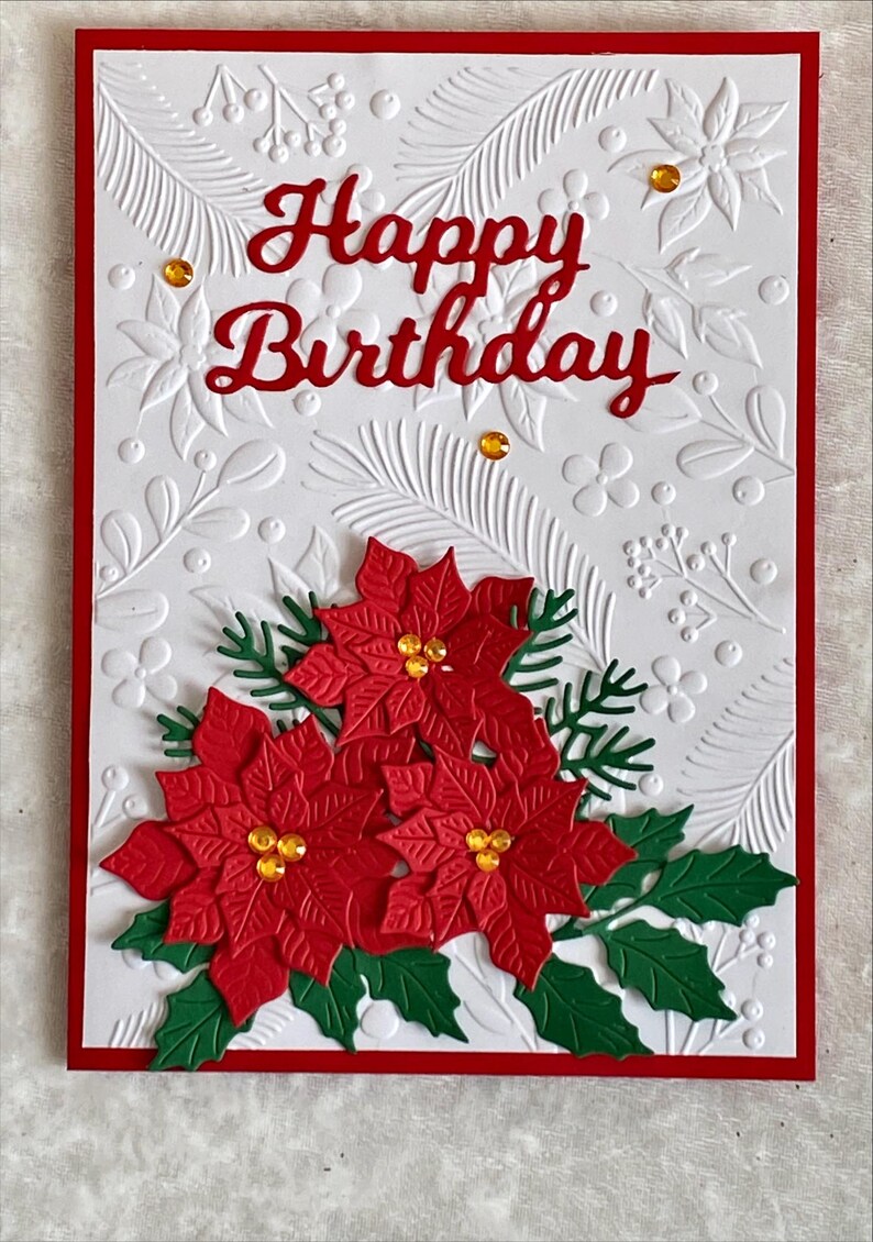 December Birthday Card With Poinsettias and Greenery, Happy Holiday ...