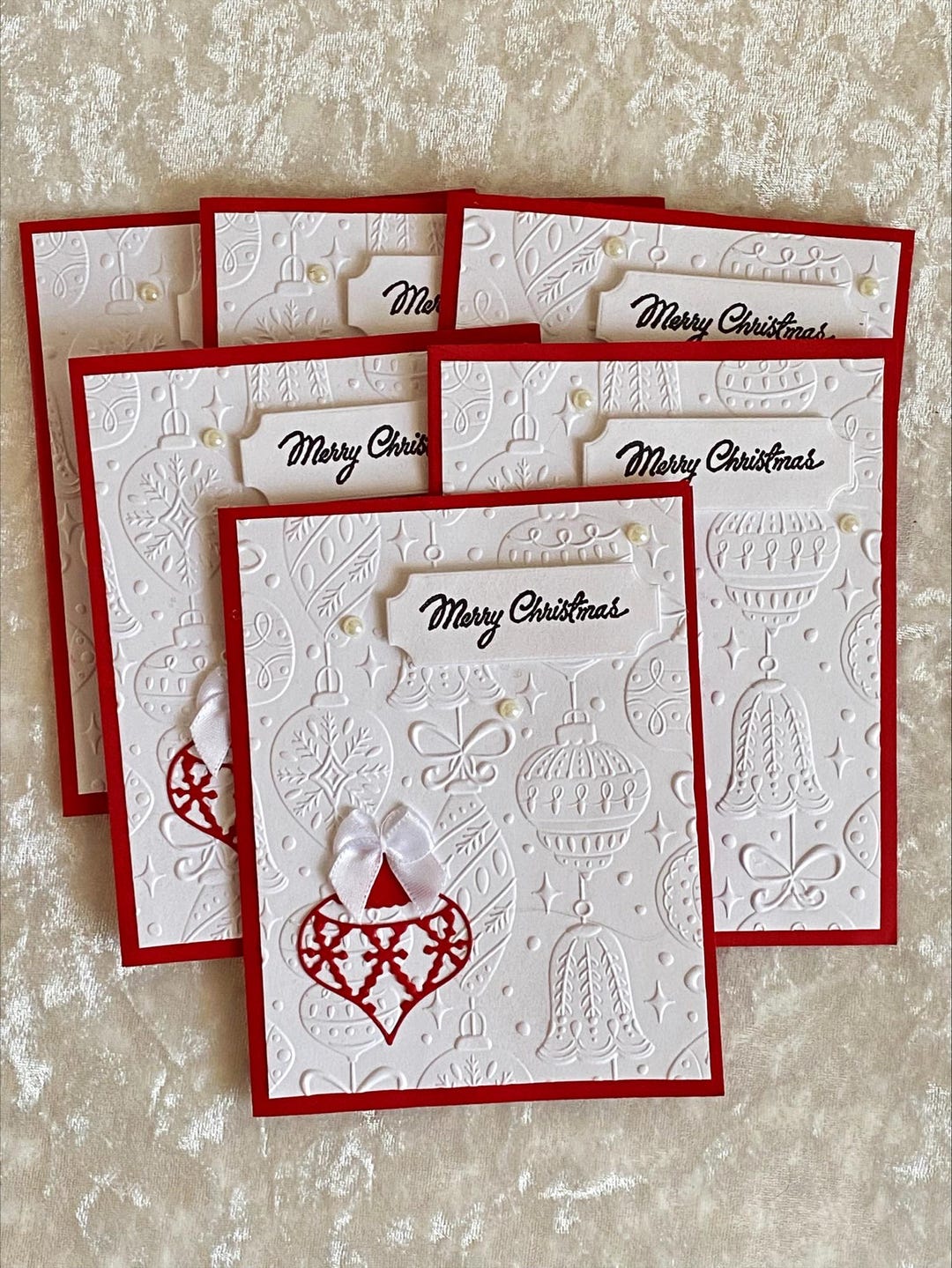 Red and White Embossed Christmas Cards, Shimmery Christmas Notecards ...
