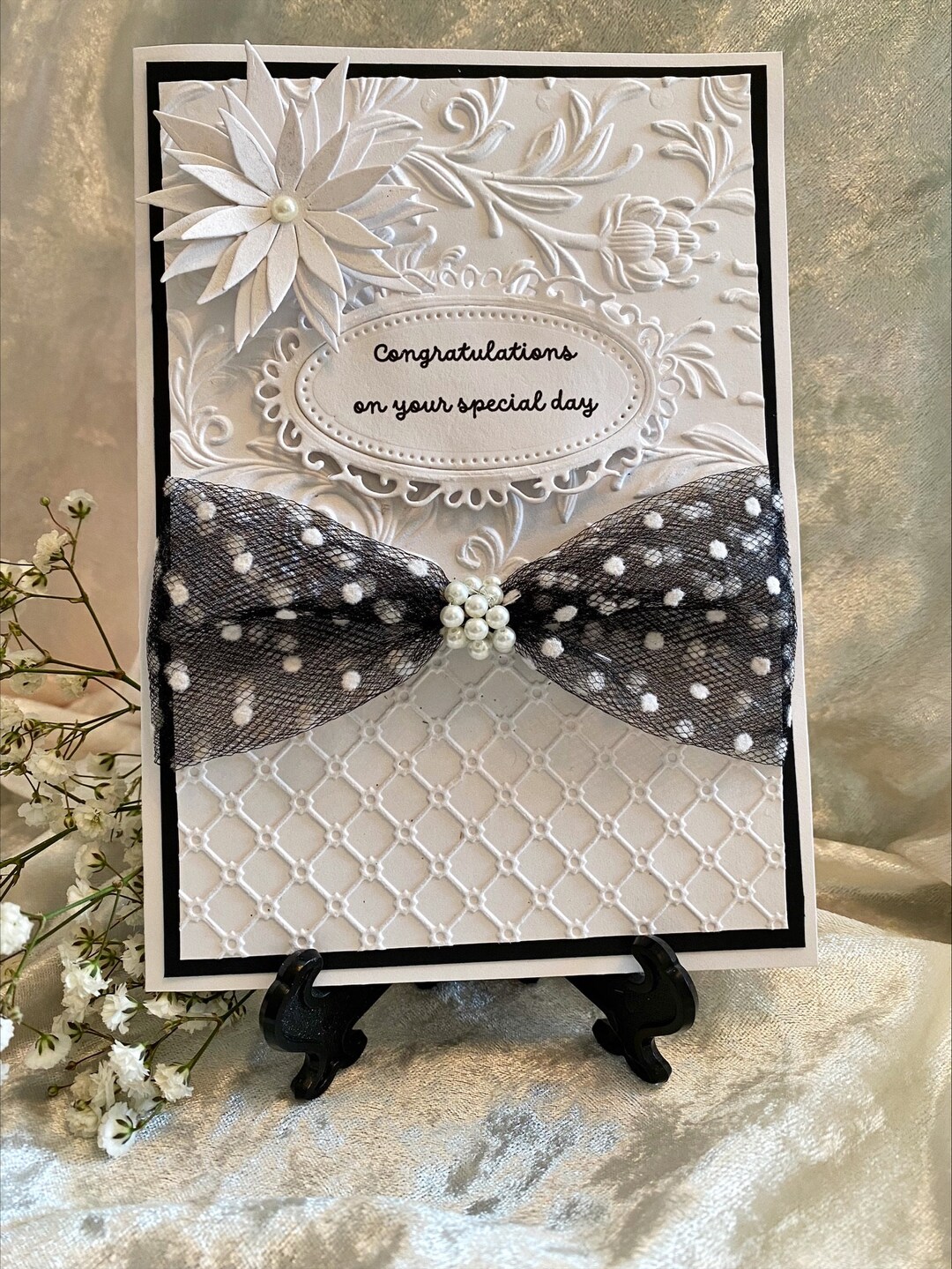 Wedding Congratulations Card Embossed and Adorned With Tulle and Pearls ...