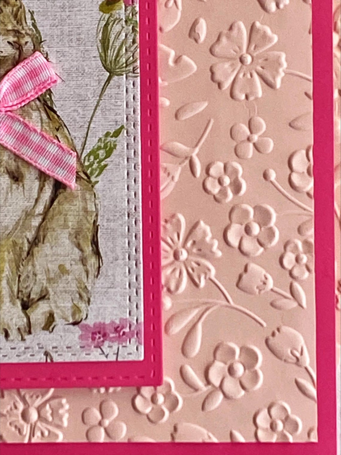 Embossed Easter Card, Happy Easter, Pink With a Rabbit and Gingham Bow ...