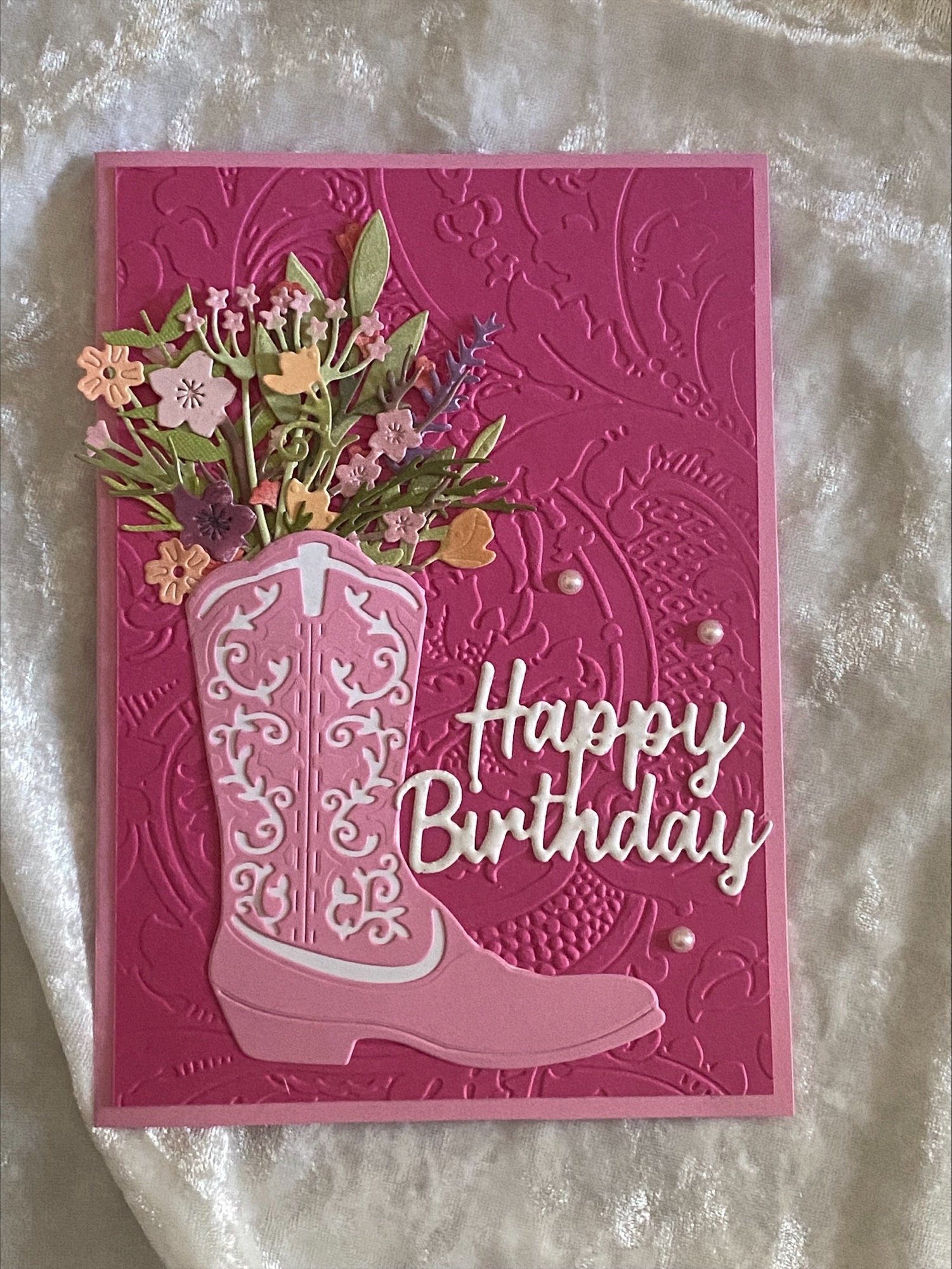Pink Cowgirl Boot Birthday Card: Embossed Floral Design (5x7) - Etsy