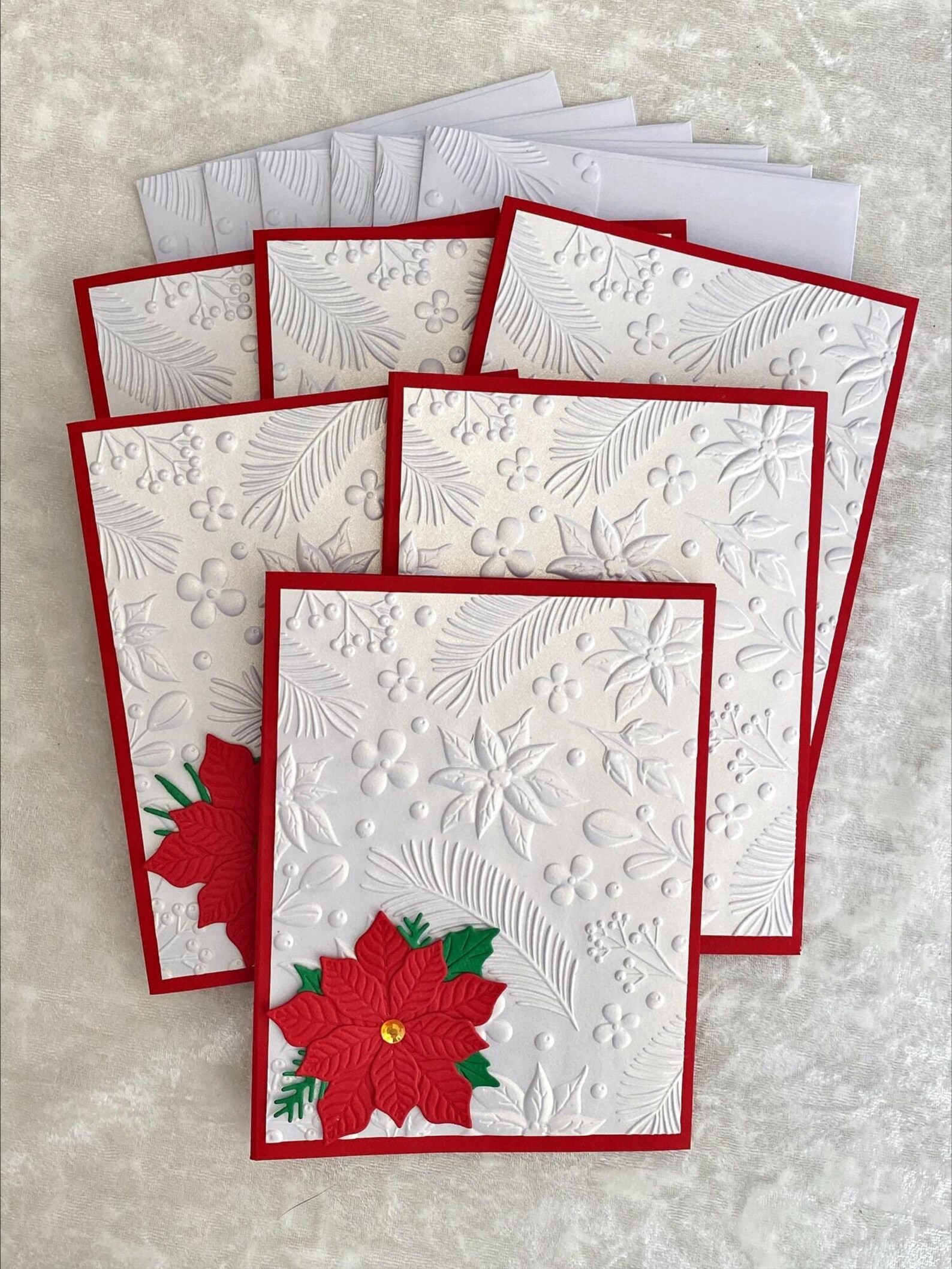 Handmade Embossed Poinsettia Christmas Cards, Red and White Poinsettia ...