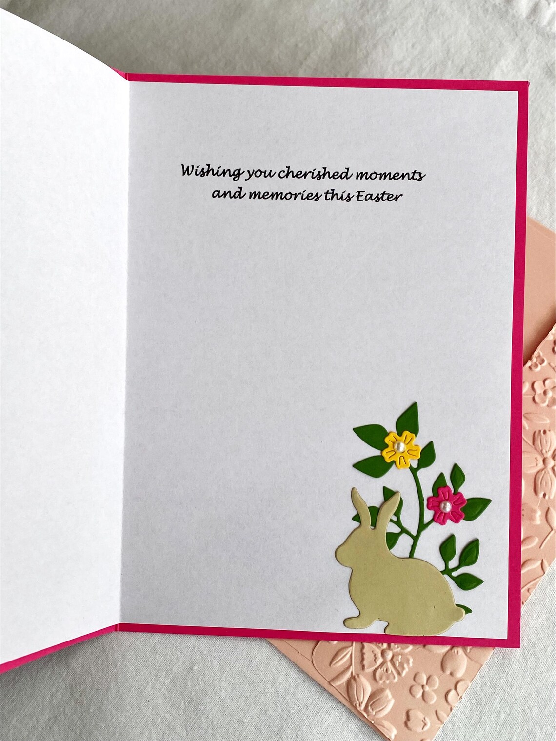 Embossed Easter Card, Happy Easter, Pink With a Rabbit and Gingham Bow ...
