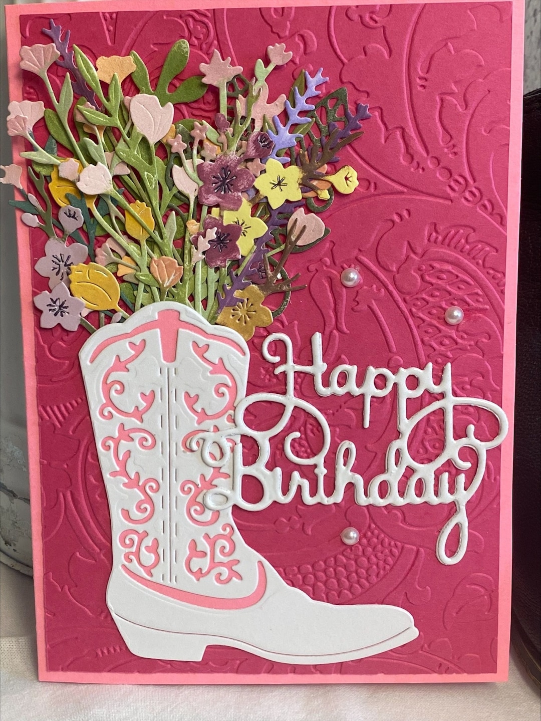 Cowgirl/cowboy Boot Birthday Card With Floral Bouquet 5x7 / Handmade ...