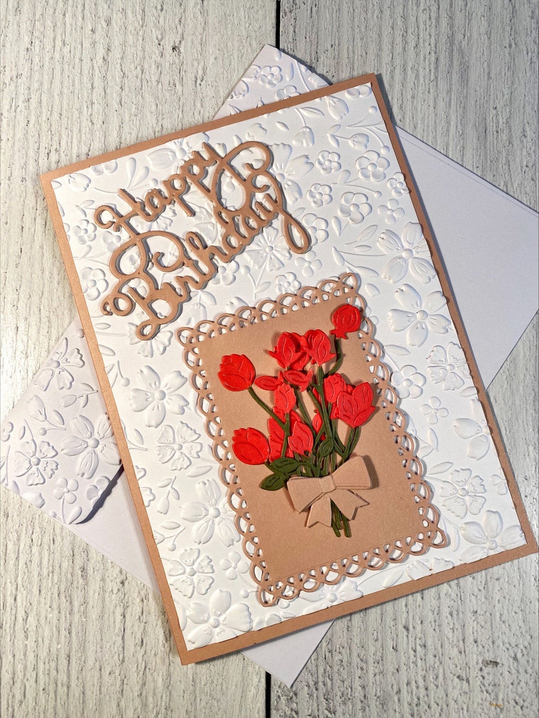 Embossed Birthday Card in Beige and White With Red Roses and a Bow 5x7 ...