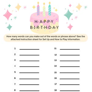Happy Birthday Word Game: Printable Party Activity (digital Download ...