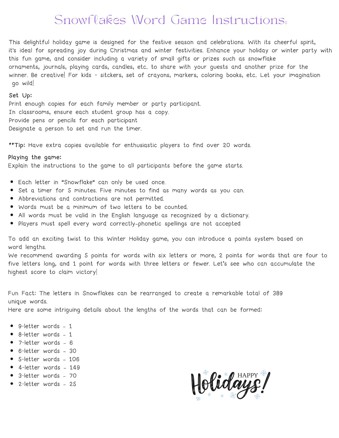 Snowflakes Printable Word Game! How Many Words Can You Make From the ...