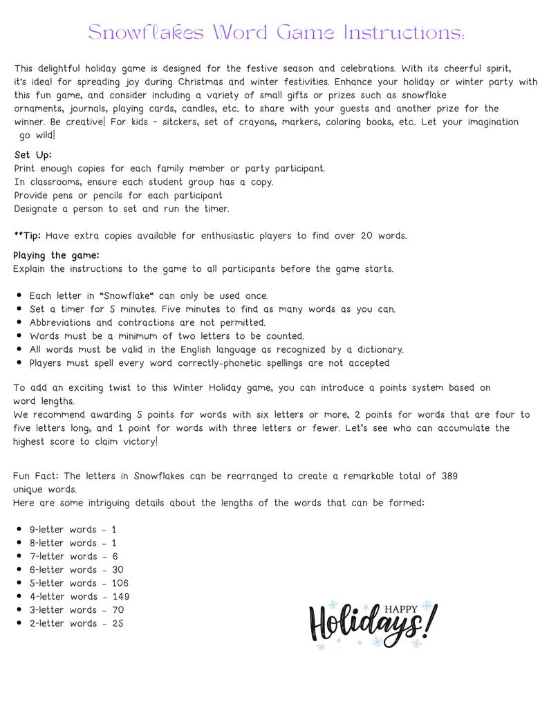Snowflakes Printable Word Game! How Many Words Can You Make From the ...