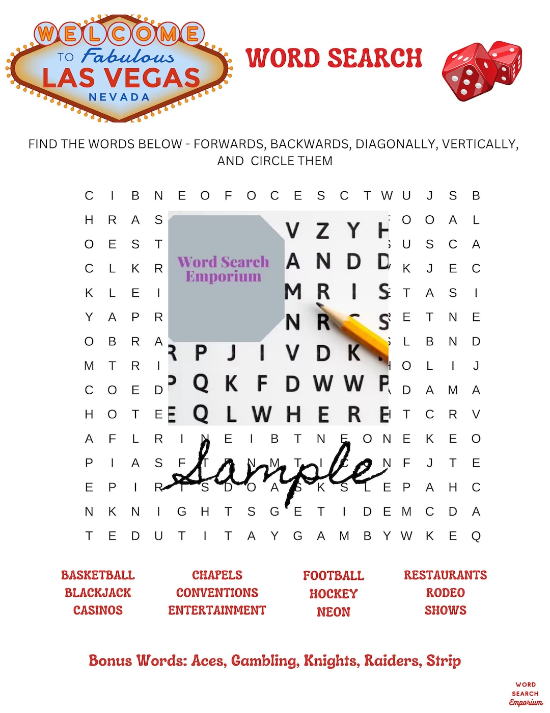 Las Vegas Word Search Puzzle: Printable Entertainment (digital Download ...