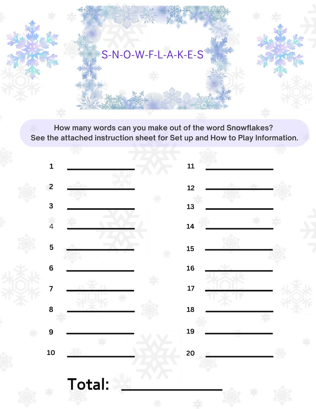 Snowflakes Printable Word Game! How Many Words Can You Make From the ...