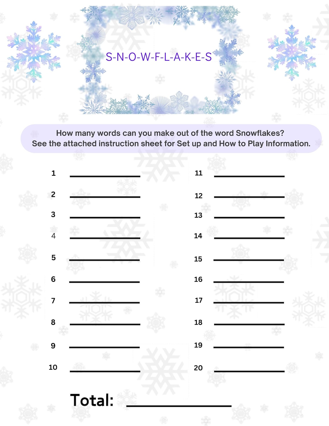 Snowflakes Printable Word Game! How Many Words Can You Make From the ...