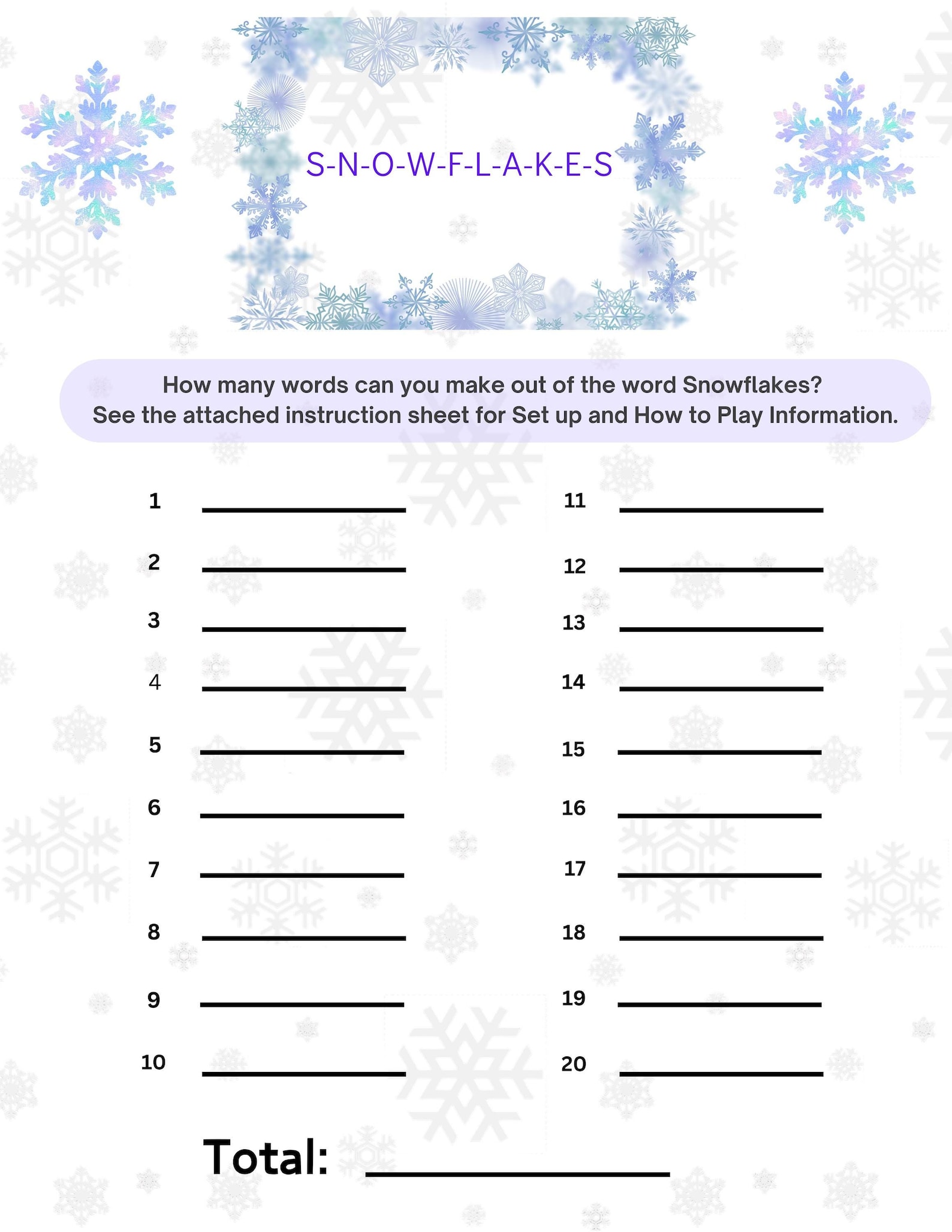 Snowflakes Printable Word Game! How Many Words Can You Make From the ...