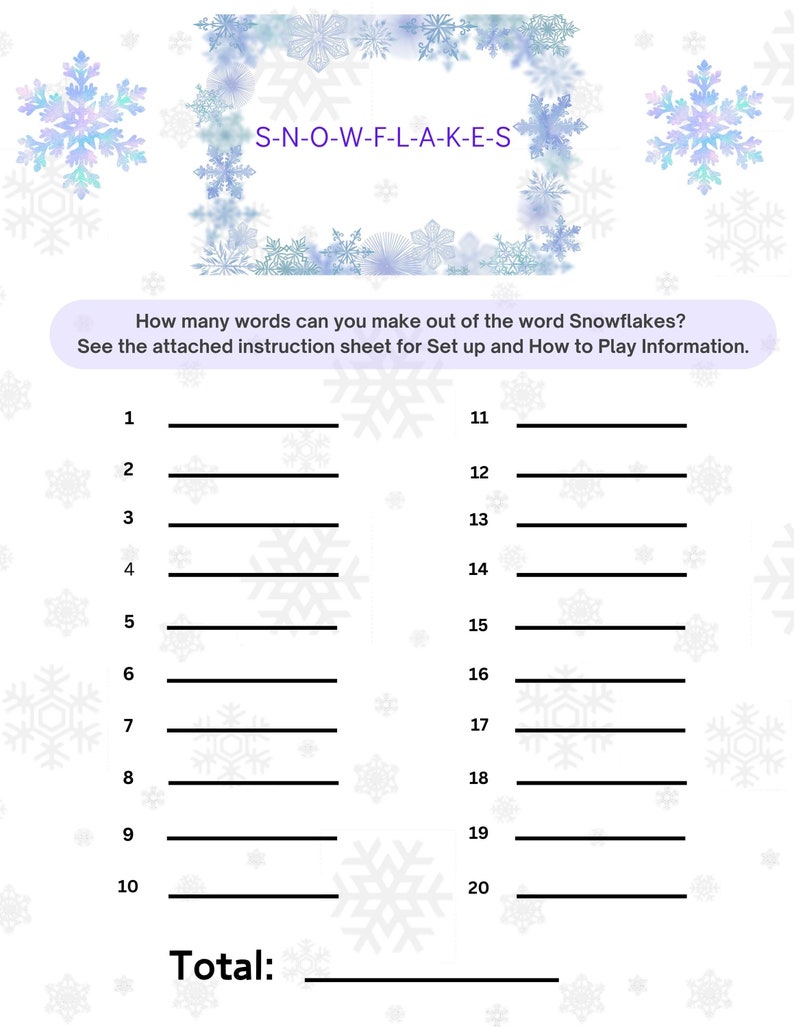 Snowflakes Printable Word Game! How Many Words Can You Make From the ...
