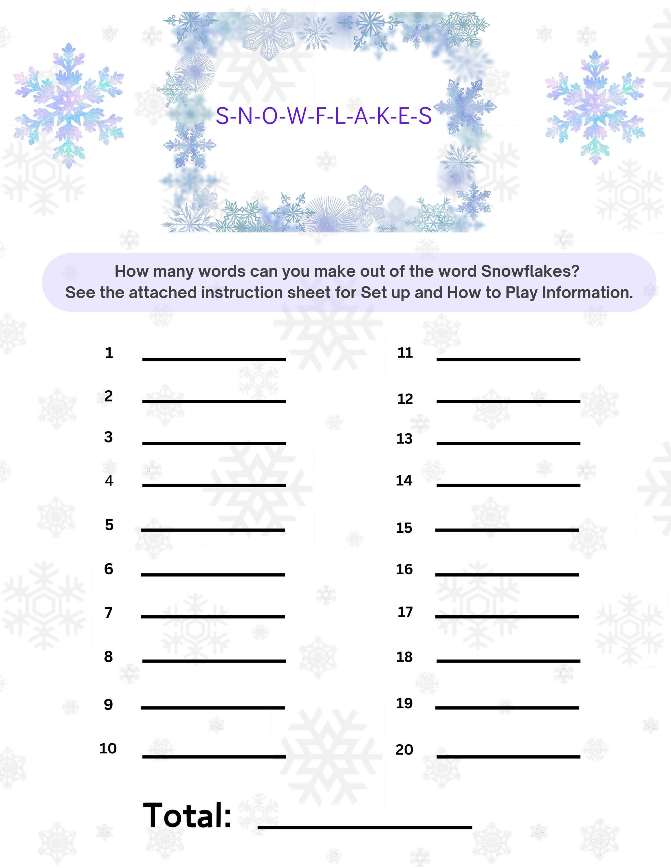 Snowflakes Printable Word Game! How Many Words Can You Make From the ...