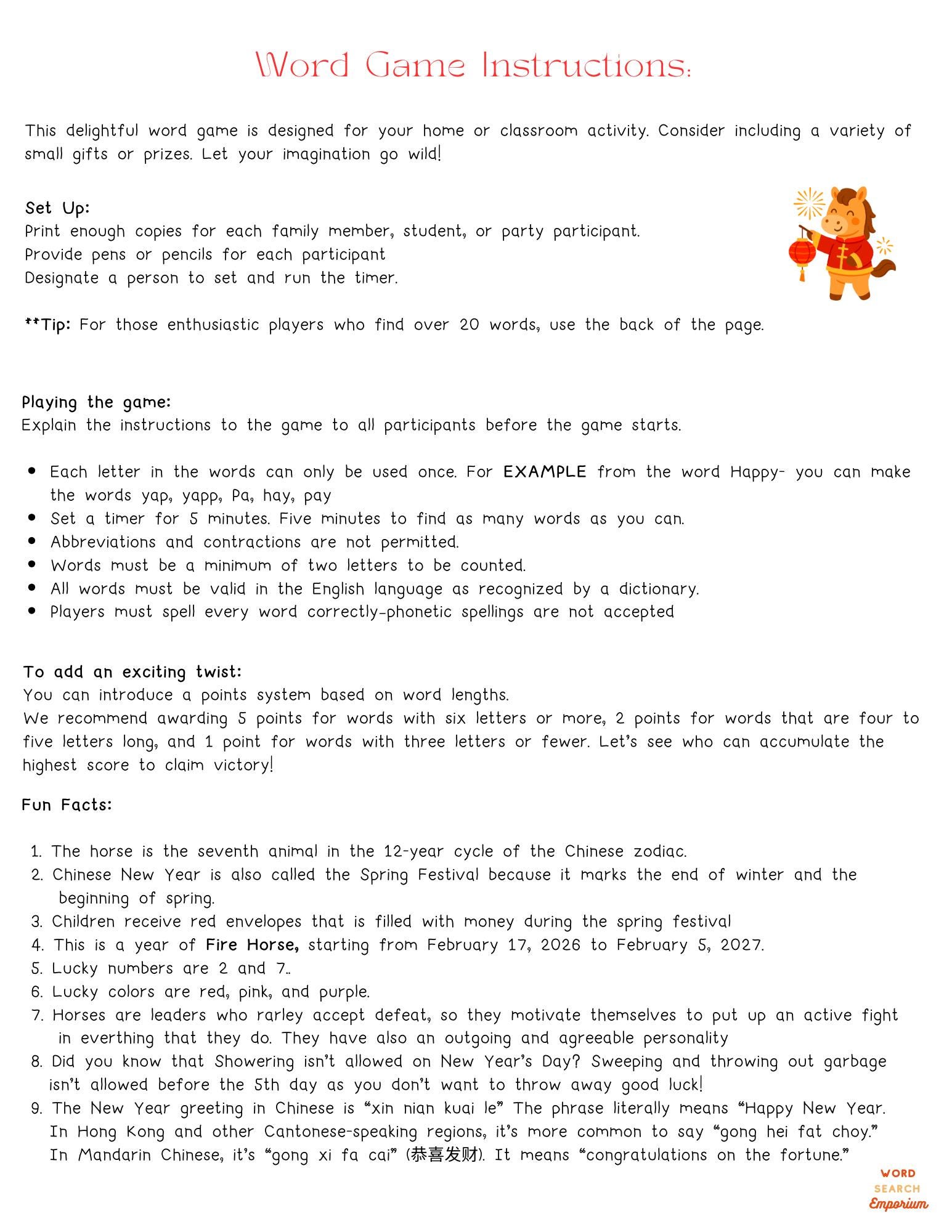 Chinese New Year Word Game -how Many Words Can You Make From the Words ...