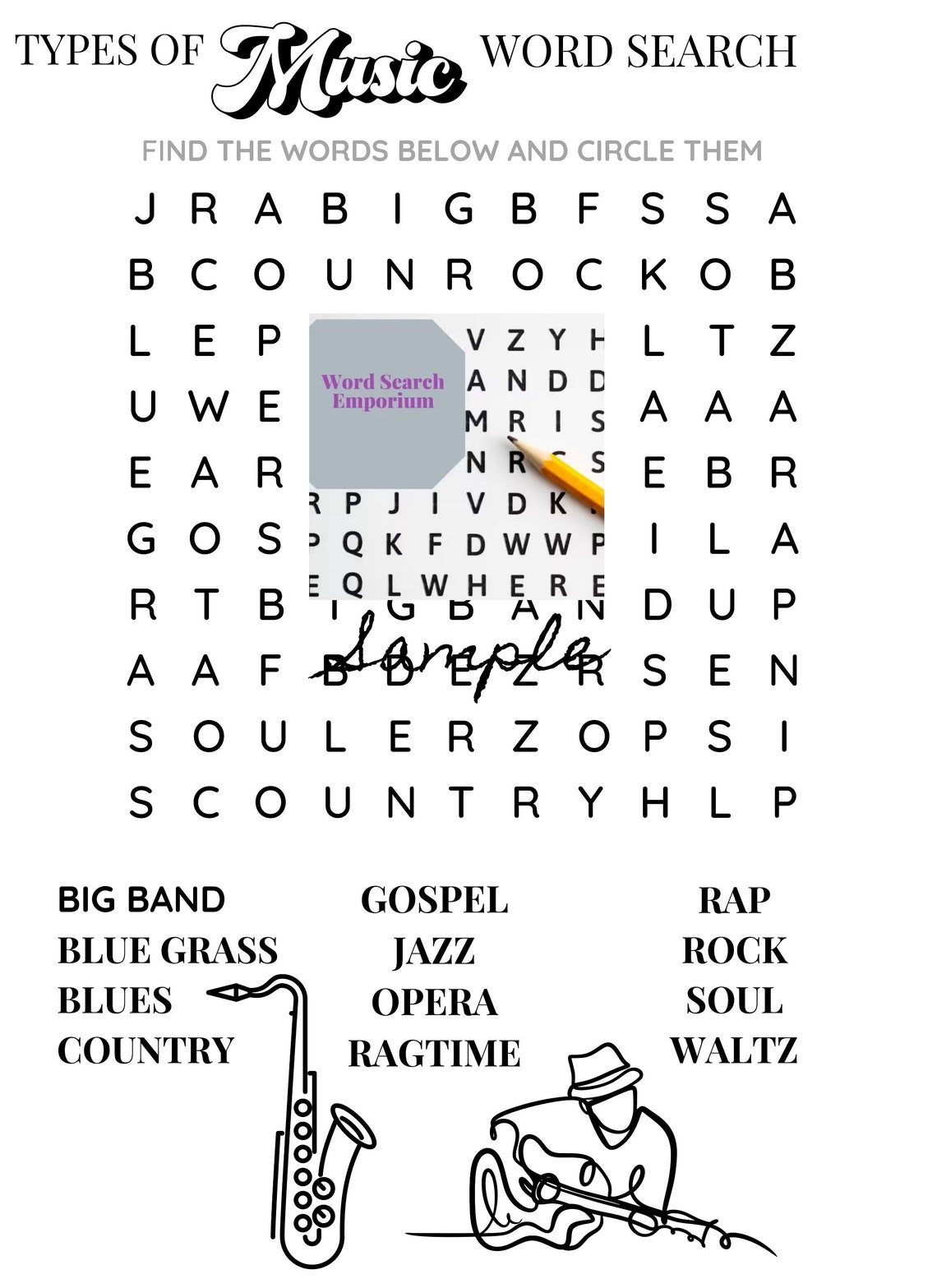 Musical Word Search Puzzle - Fun for All Ages to Find Music Genres With ...