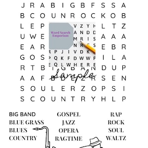 Musical Word Search Puzzle - Fun for All Ages to Find Music Genres With ...