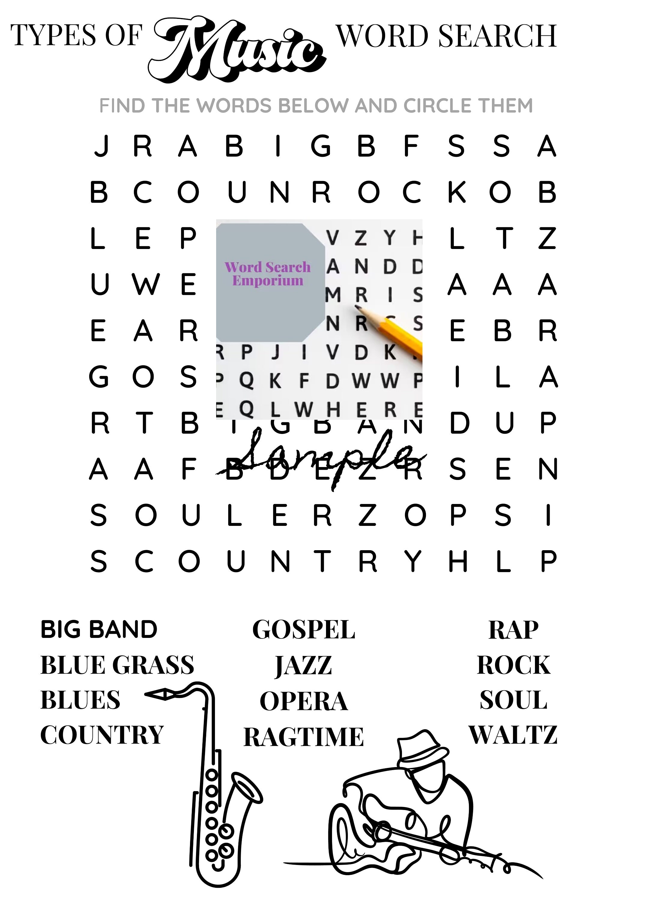 Musical Word Search Puzzle - Fun for All Ages to Find Music Genres With ...