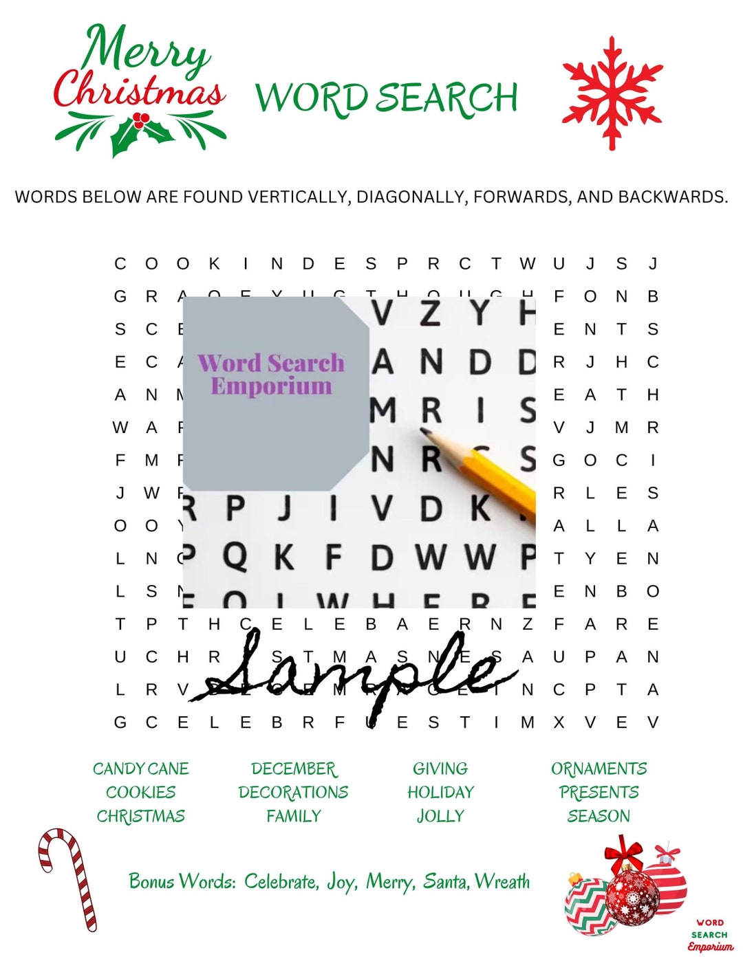 Merry Christmas Holiday Word Search! Find Twelve Words Plus 5 Bonus ...