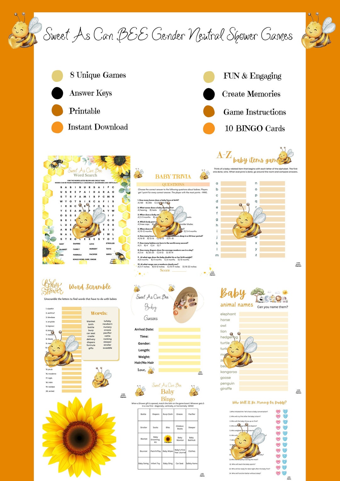 Baby Shower Gender Neutral Games - Sweet as Can BEE - 8 Unique, Fun ...