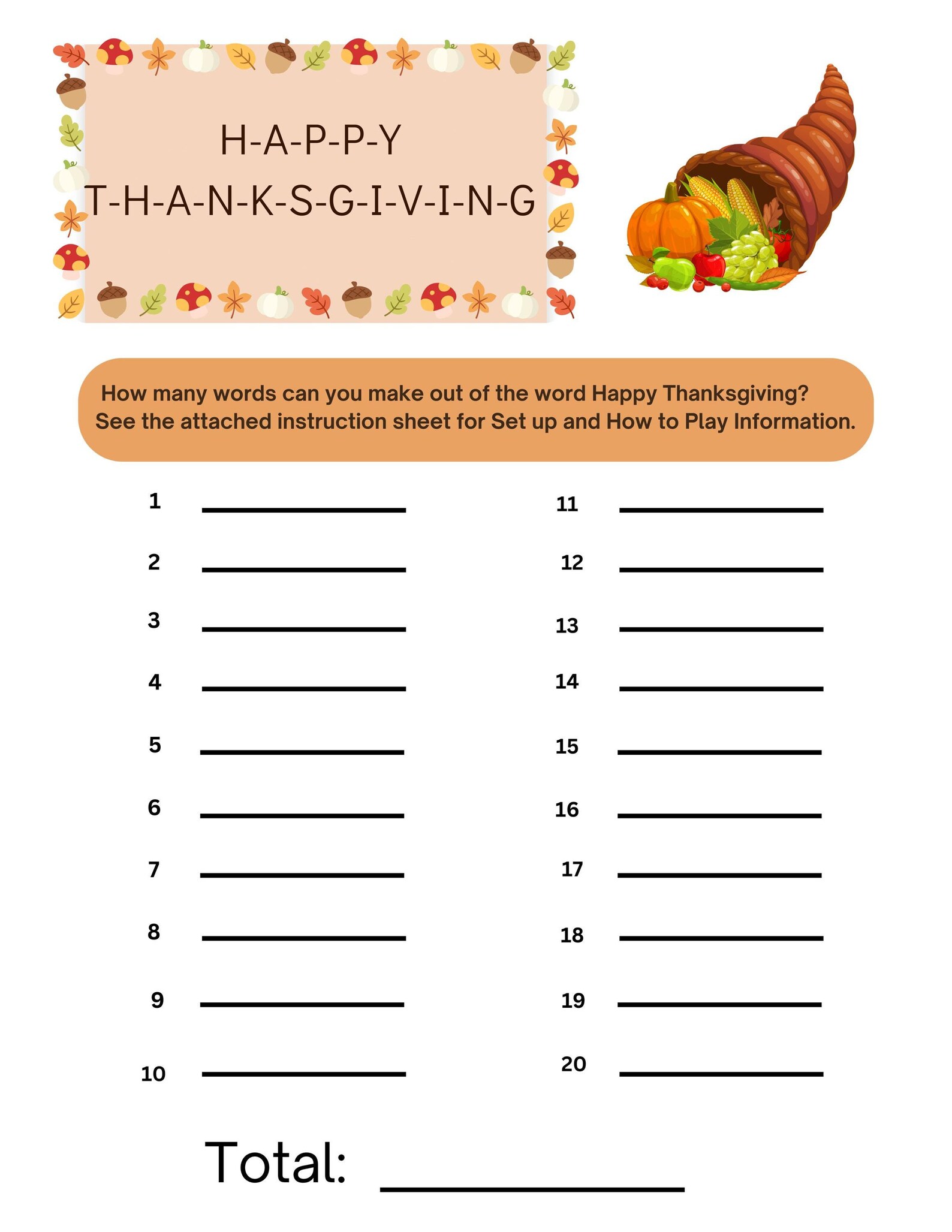 Happy Thanksgiving Printable Word Game! How Many Words Can You Make ...