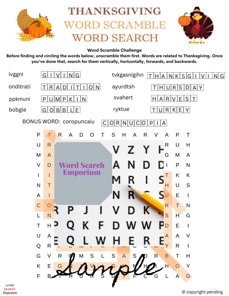 Thanksgiving Activity! Word Scramble Word Search - Two Games in One ...