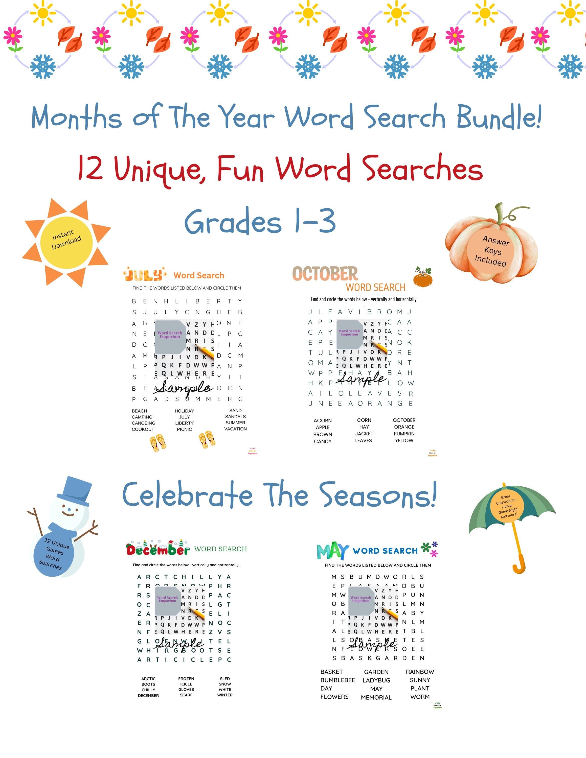 Months of the Year Word Search Bundle! Find Words Related to Each Month ...